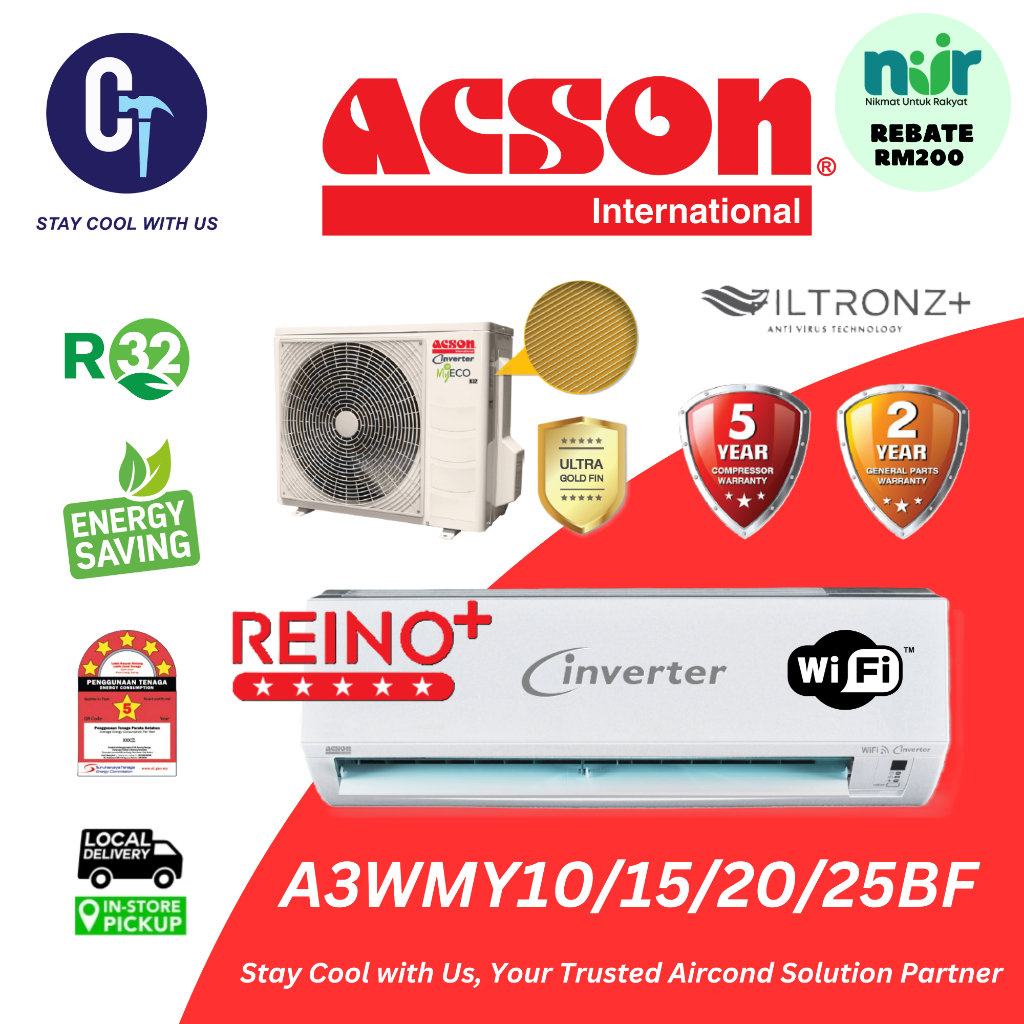 ACSON R32 - A3WM Non Inverter / Inverter 5 AVO Series Air Conditioner (1.0HP~2.5HP) | Shopee ...