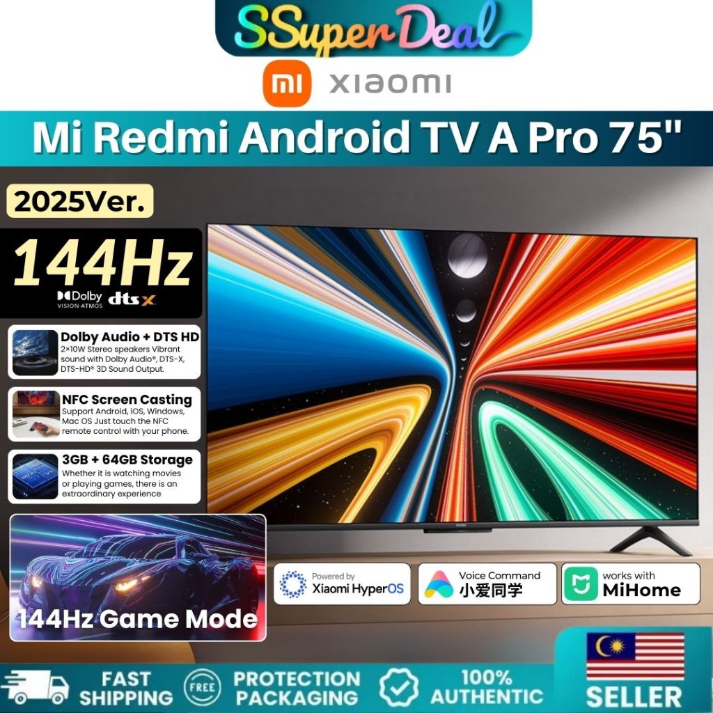 2025 Xiaomi Android Smart TV A Pro 75'' 144Hz LED 4K UHD Gaming HDR ...