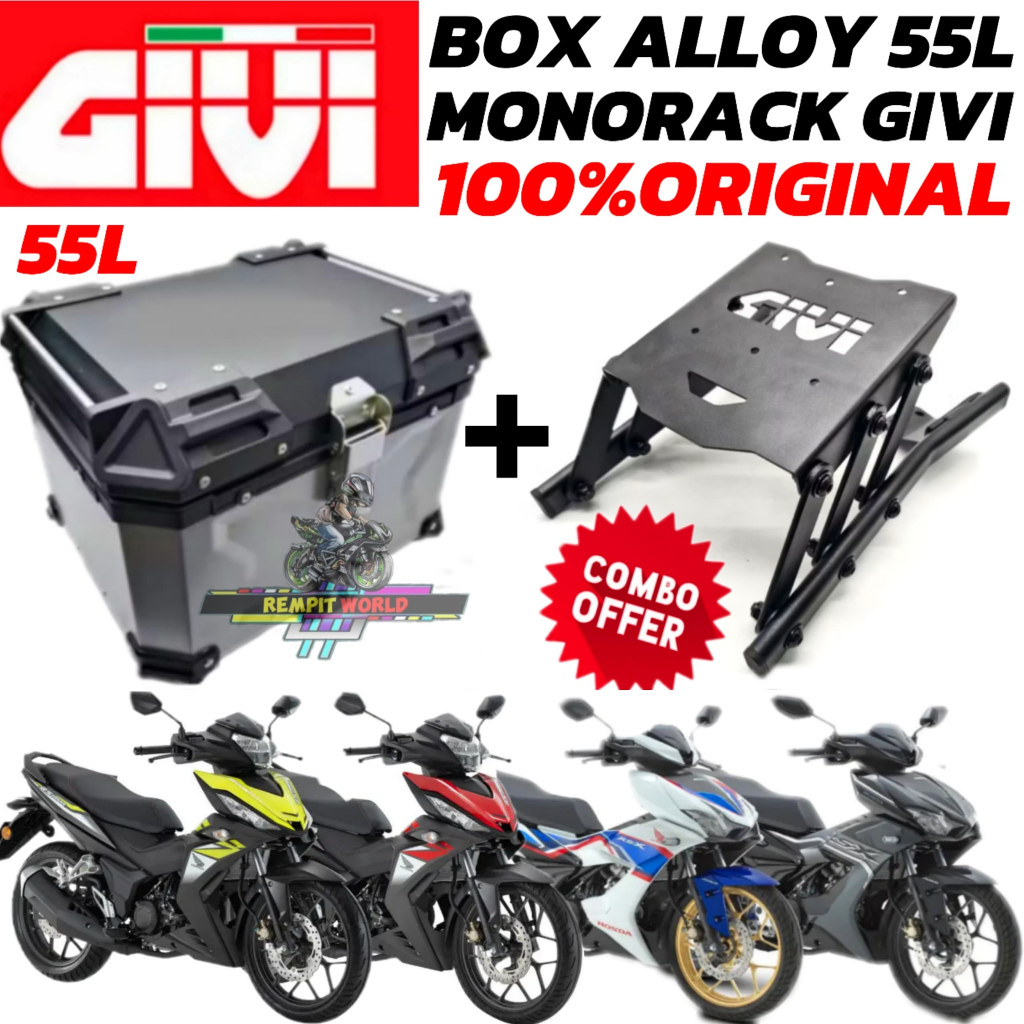 COMBO SET BOX ALLUMINIUM 55L + MONORACK GIVI LIPAT RS150/RSX GIVI 100 ...
