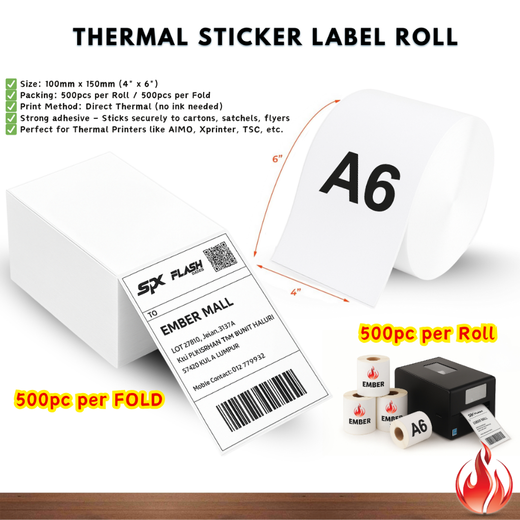 A6 Thermal Label Sticker Roll 100x150mm (500pcs) Fold/Roll | Shipping ...