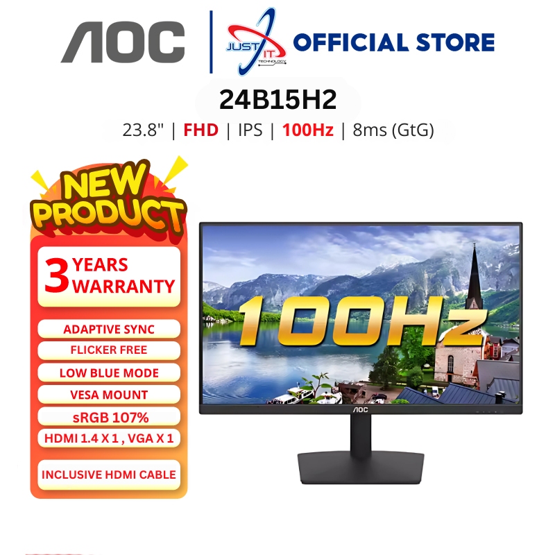 AOC 24B15H2 MONITOR ( 23.8" IPS FHD / 8MS / 100HZ / ADAPTIVE-SYNC / VGA ...