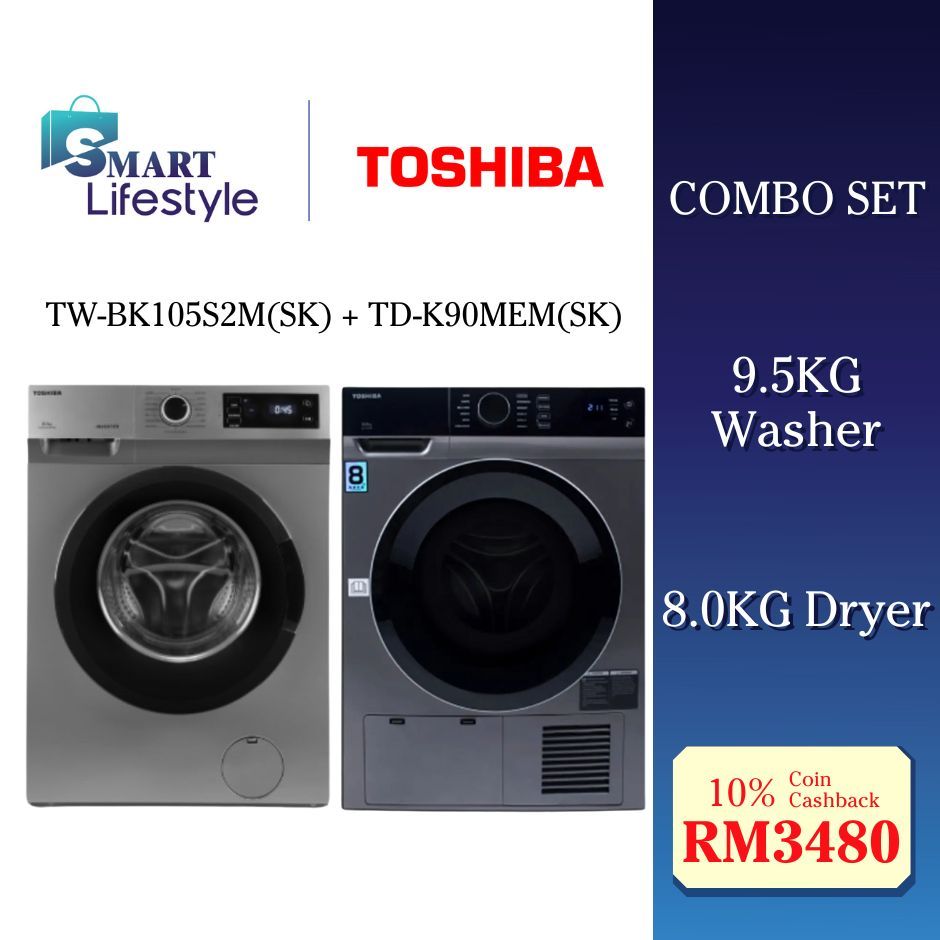 [COMBO SET] Toshiba 9.5KG Front Load Washing Machine TW-BK105S2M(SK) + 8.0KG Dryer TD-K90MEM(SK ...