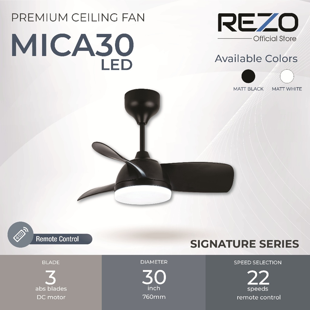 REZO Signature Series 30" 3 Blades DC Motor Ceiling Fan With Remote & LED [ MICA 30 LED ...