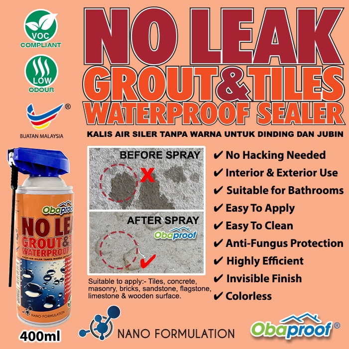 OBAPROOF NO LEAK GROUT & TILES WATERPROOF SEALER 400ML SPRAY NANO STOP ...