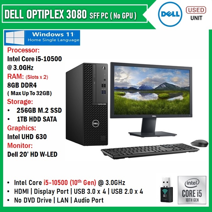 [REFURBISHED, FULL SET] Dell Optiplex 3080 SFF PC Intel i5-10th Gen @ 3 ...