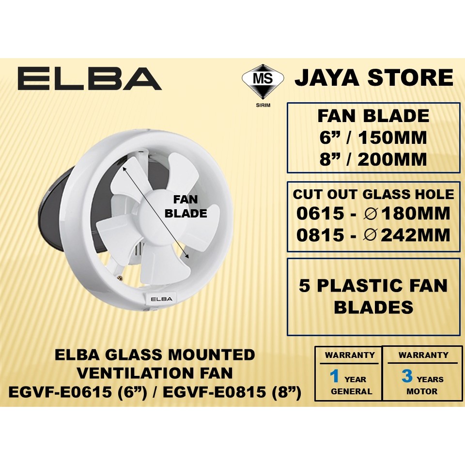Elba 6" / 8" Glass Mounted Ventilation Fan EGVF-E0615(WH) / E0815(WH ...