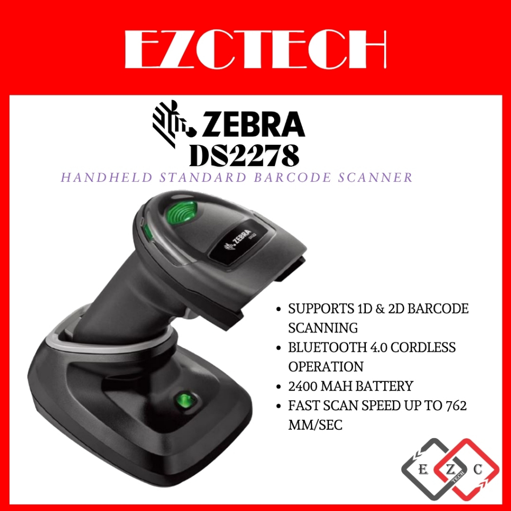 Zebra DS2278 Series Barcode Scanner, Cordless Handheld Standard Range 1D/2D Imager Kit with ...