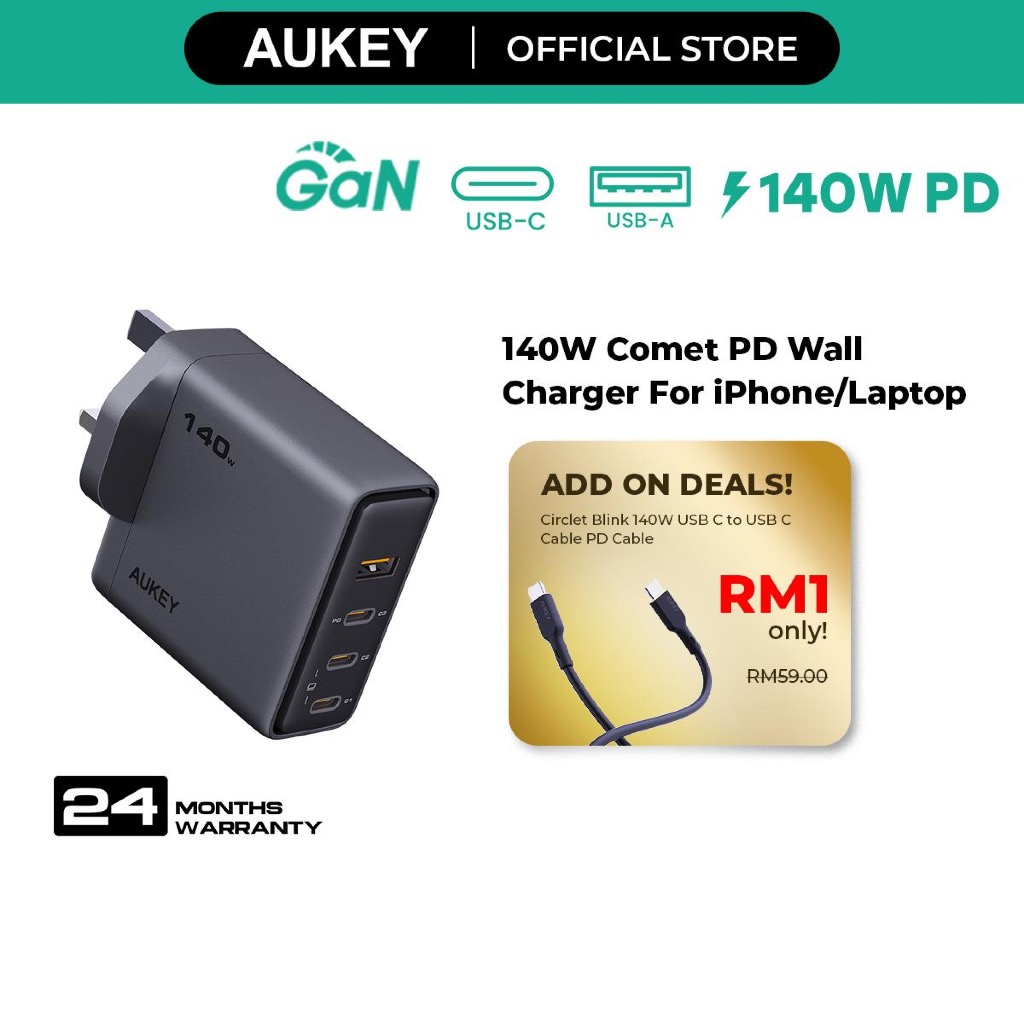 Aukey PA-C6 Comet Mix 4 140W PD 4-Port GaN Wall Charger with PPS for Laptop & Mobile | Shopee ...