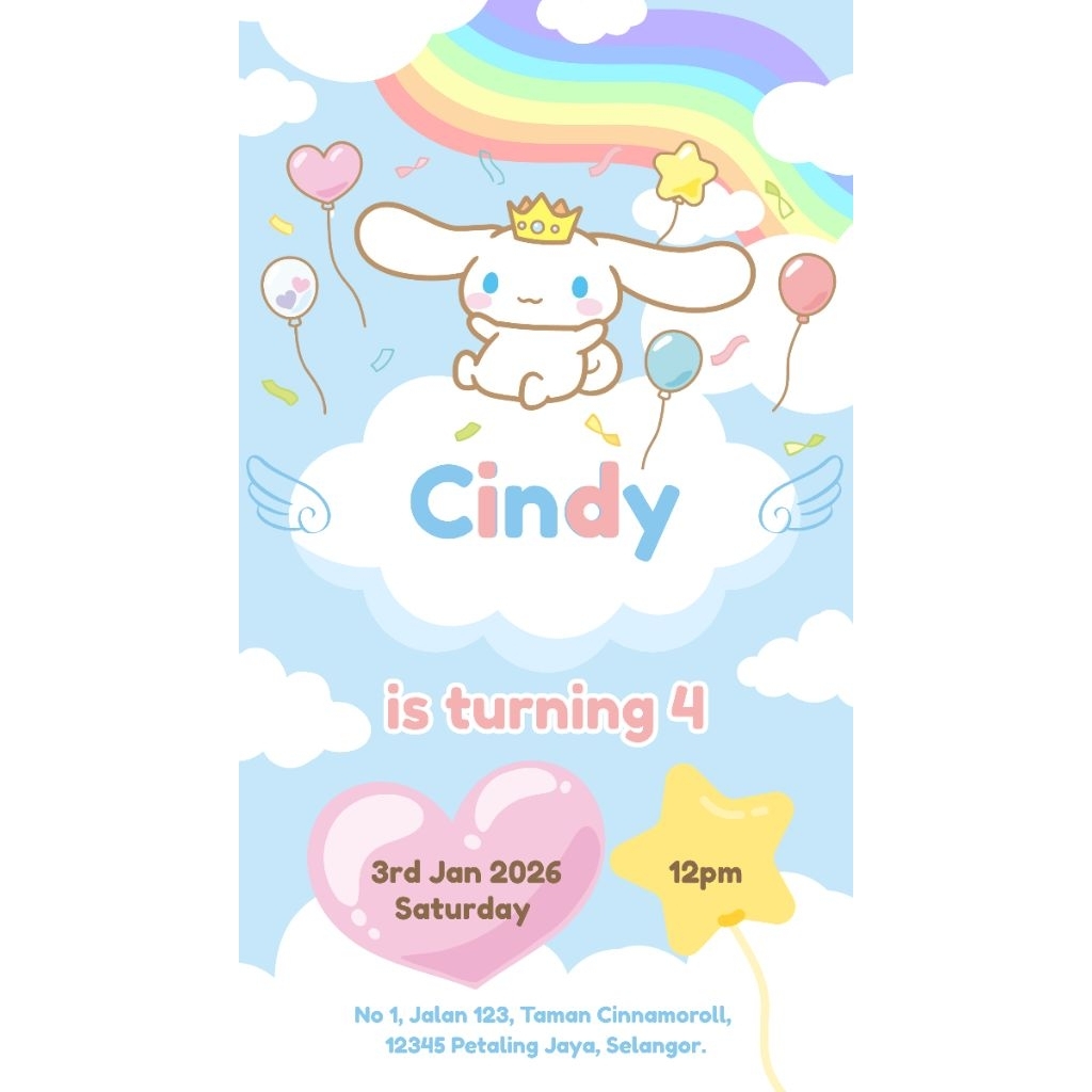 Cinnamoroll Birthday Invitation Card - Digital Invitation - Cinnamoroll ...