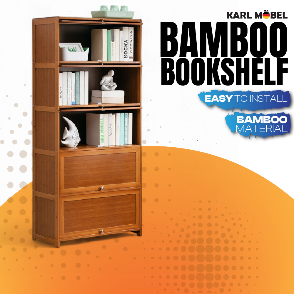 Bookshelf Bamboo book rack storage Rak buku 3 4 5 tier Flip door living ...