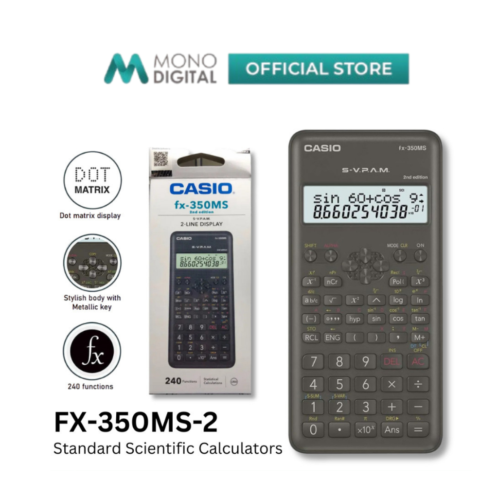 CASIO FX-350MS-2 STANDARD SCIENTIFIC CALCULATOR (2ND EDITION) WITH 2 LINE DISPLAY & 240 ...