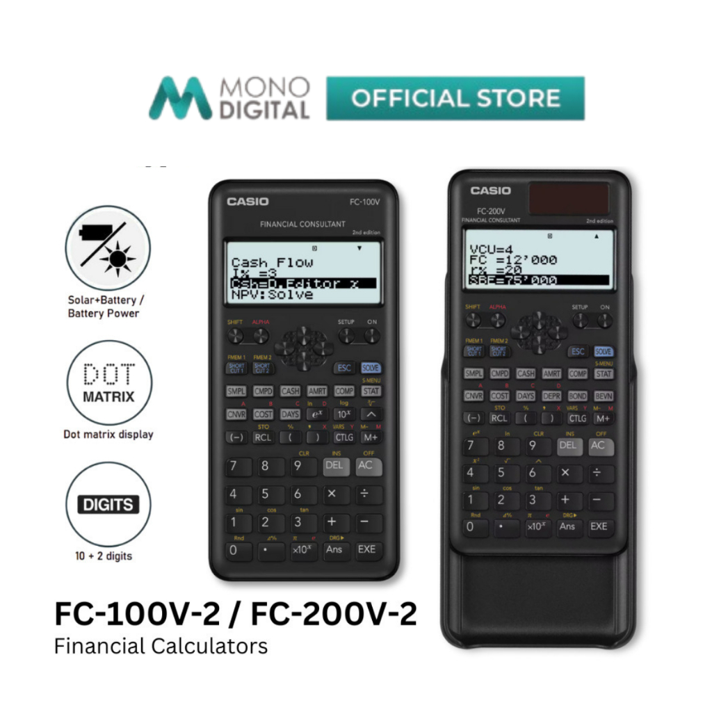 CASIO FC-100V-2 (BATTERY) / FC-200V-2 (SOLAR & BATTERY) 2ND EDITION FINANCIAL CALCULATOR WITH 4 ...