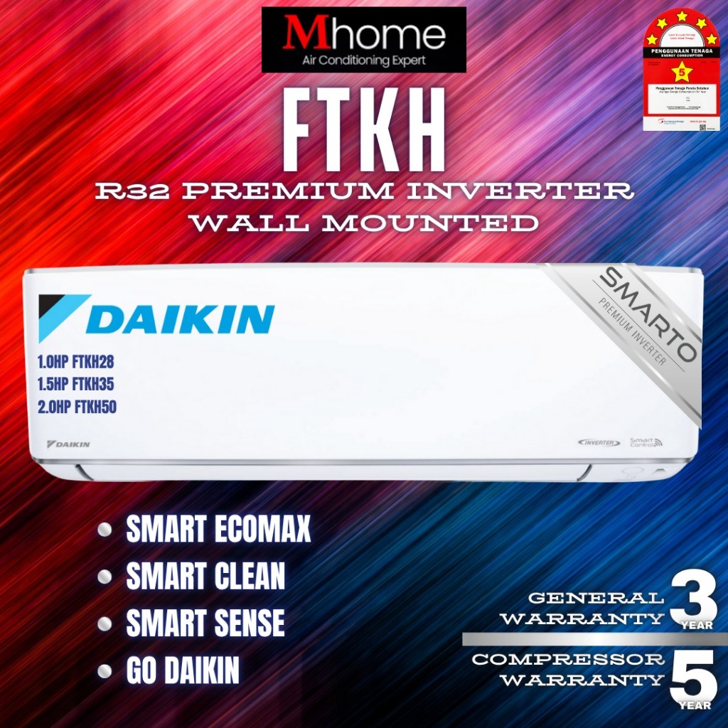 DAIKIN R32 SMARTO FTKH-A/B Penyaman Udara Series Premium Inverter Air Conditioner 1.0HP / 1.5HP ...