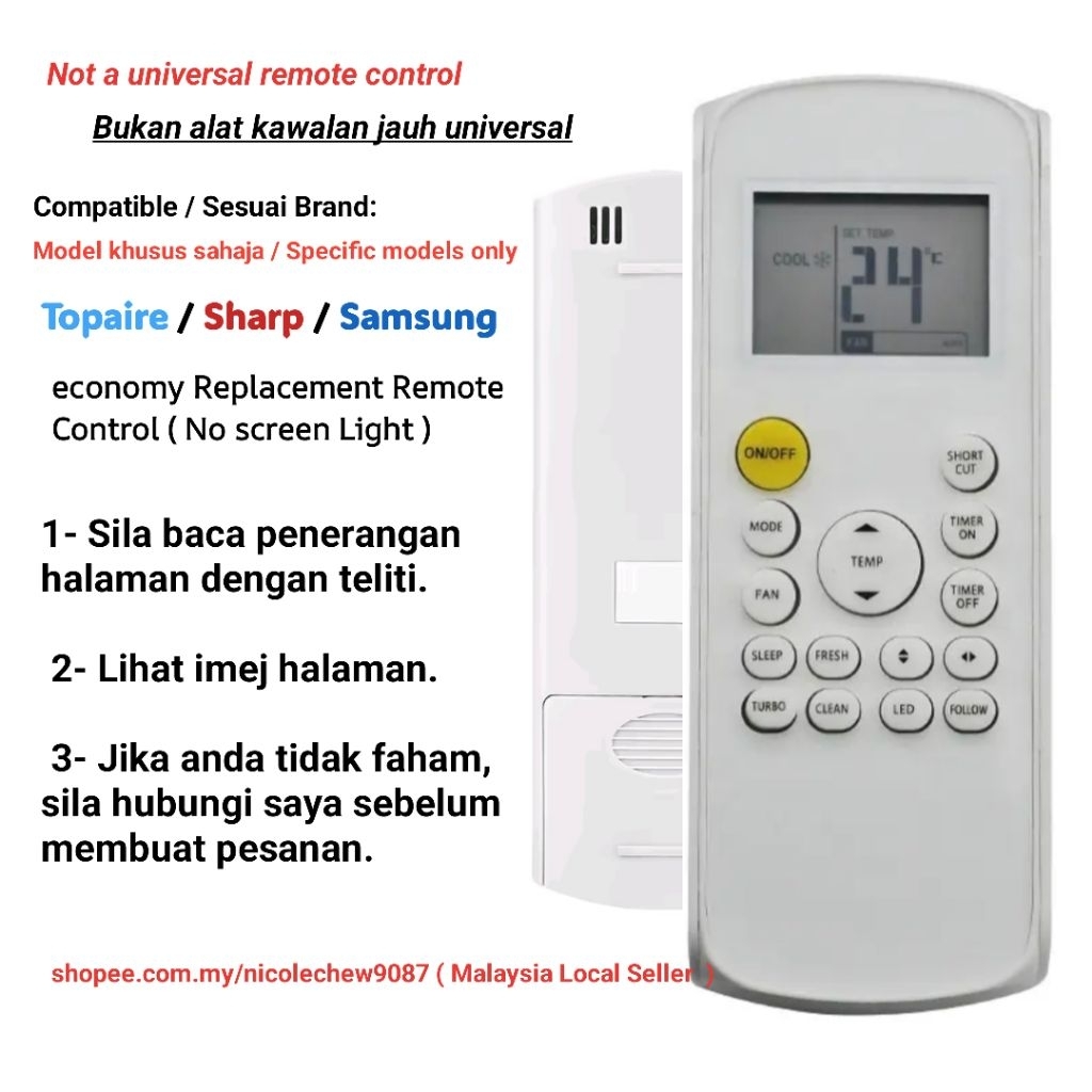 Compatible Sharp / Topaire / Samsung Air conditioner Replacement Remote ...
