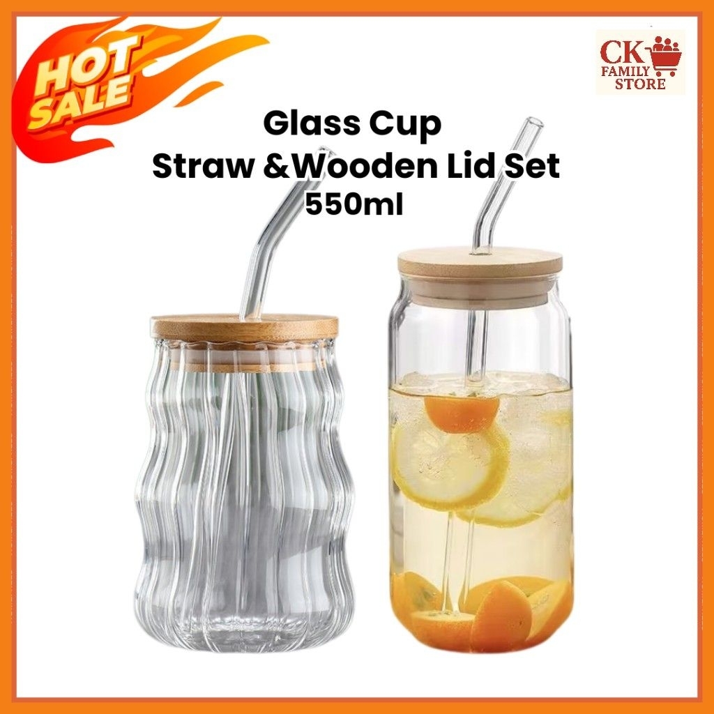 Transparent Muji Glass Drinking Coffee Juice Cup w/ Lid Straw 550ML ...
