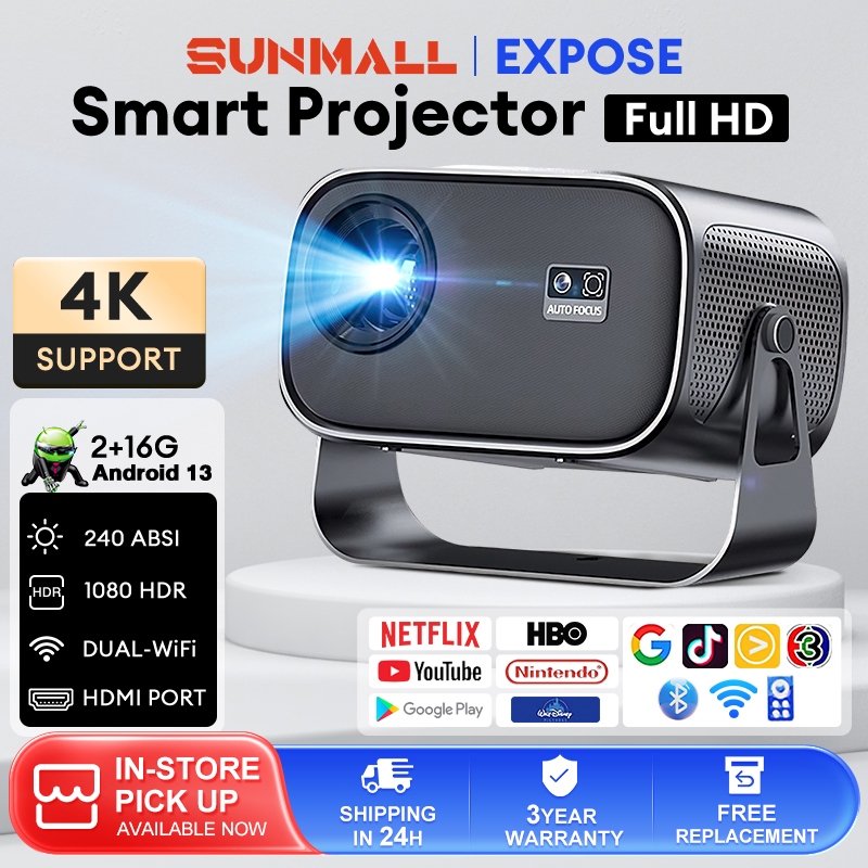 EXPOSE Smart Projector Andorid Projector 4K LED WiFi Auto Focus 360 ...