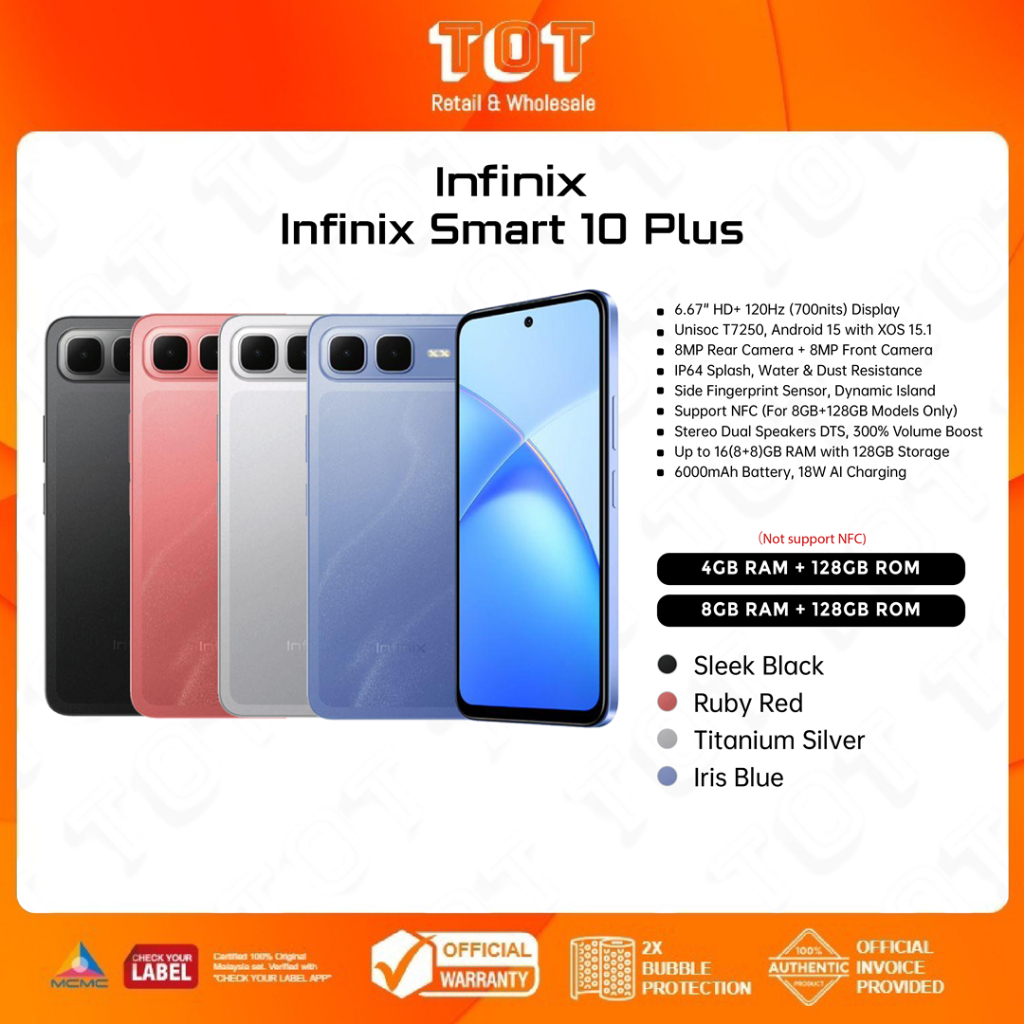 INFINIX SMART 10 PLUS (4/8GB +128GB) 6.67" HD+ 120Hz Display I Unisoc ...
