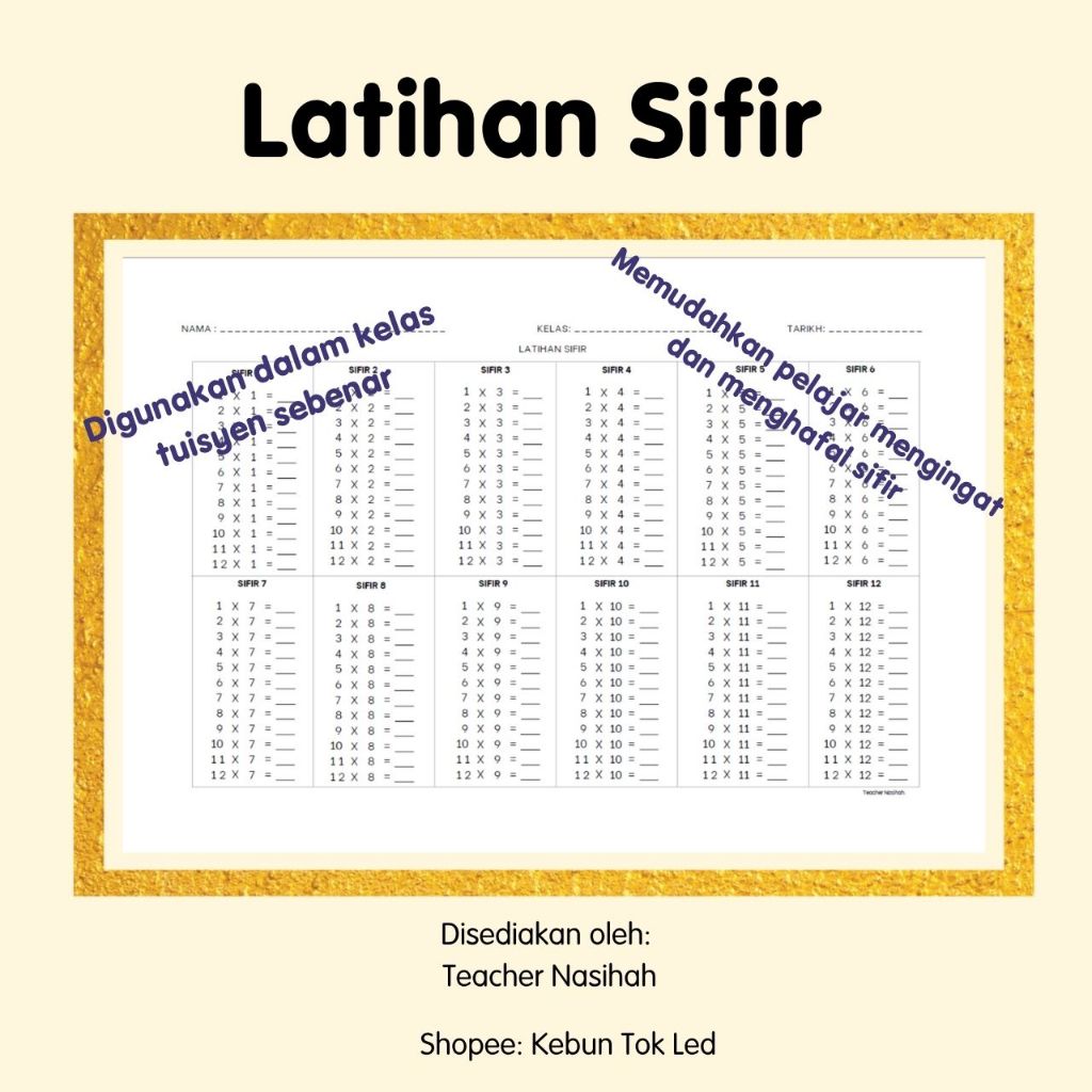 Latihan Sifir 1–12 + Jawapan | Format Klasik | PDF Cetak Sendiri | Shopee Malaysia
