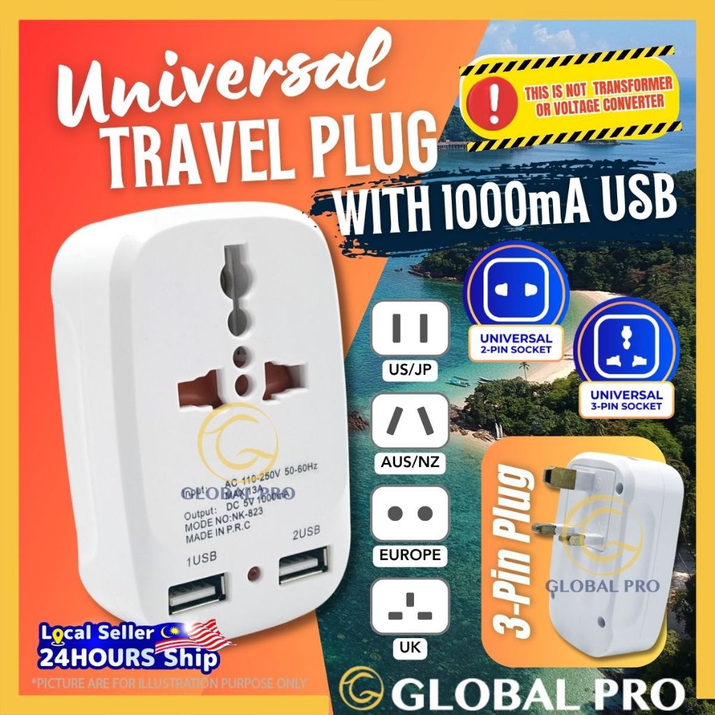 Universal Adapter 3 Pin Plug with USB Port Extension Travel Adapter ...
