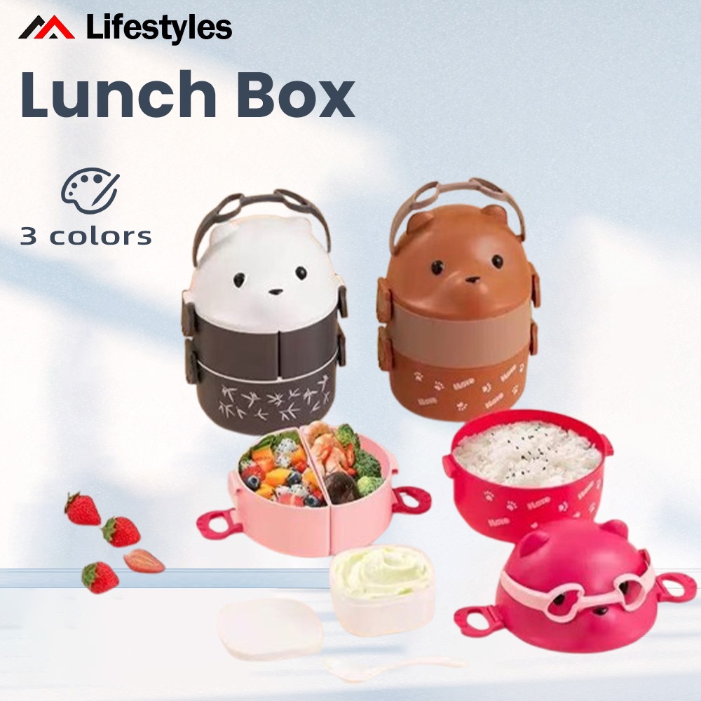 Portable Leak Proof Lunch Box Containers Cute Bear Shape Double Layer ...