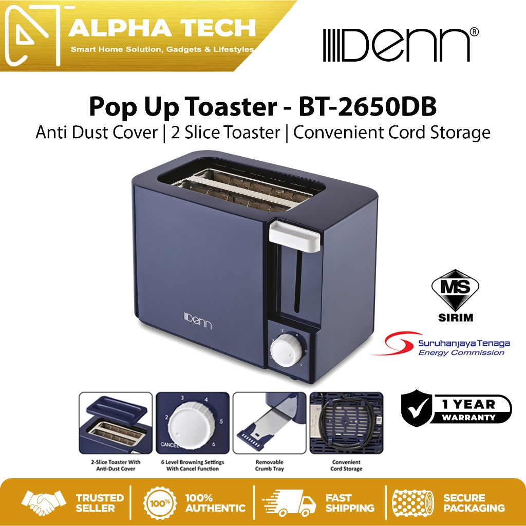 DENN BT-2650DB Pop Up Toaster - 2 Slice Toaster | Anti Dust Cover | 6 ...