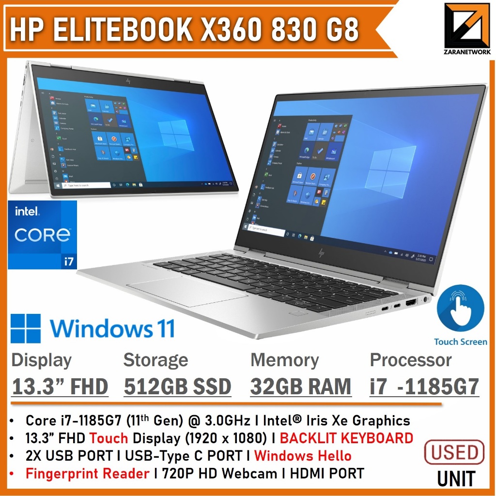 HP EliteBook X360 830 G8 LAPTOP(1 YEAR WARRANTY T&C)32GB RAM Core i7-11 GEN 13.3" inch Touch Win ...