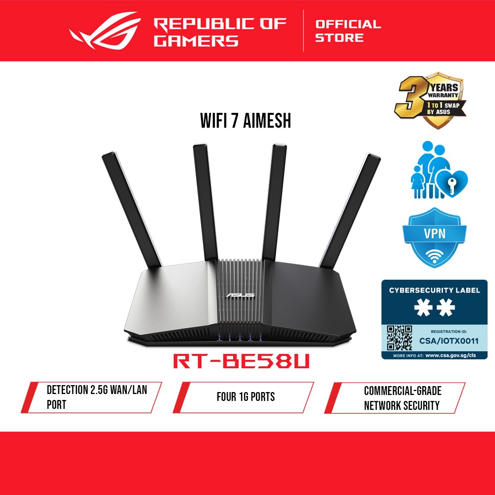 ASUS RT-BE58U Dual-band WiFi 7 (802.11be) Smart AiMesh Extendable ...