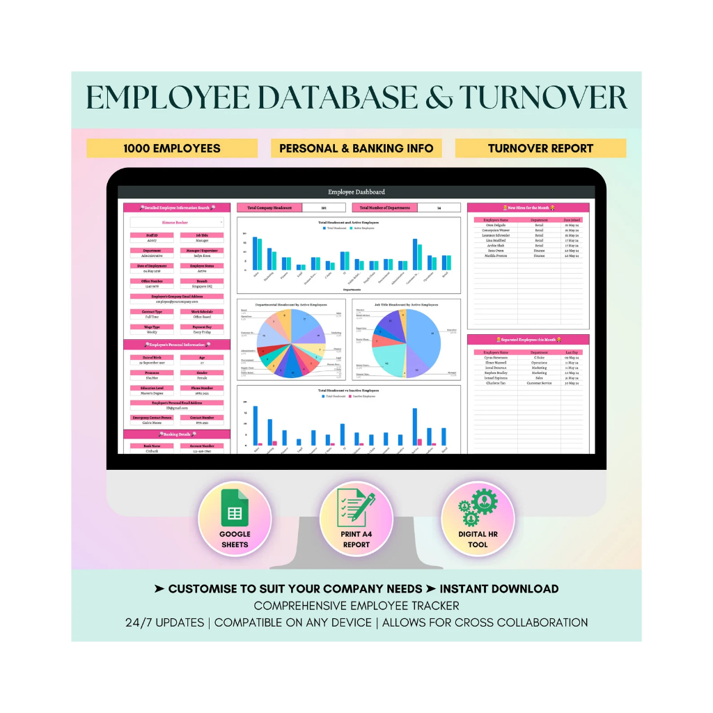 Employee Database & Turnover Analysis Report Spreadsheet HR Dashboard ...