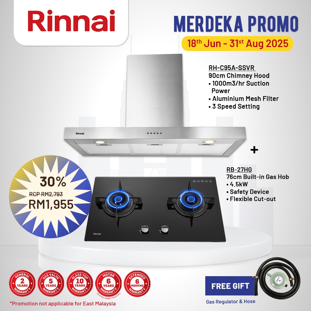 Rinnai Cooker Hood (90cm) RH-C95A-SSVR + Built-in Gas Hob (76cm) RB-27HG | Shopee Malaysia