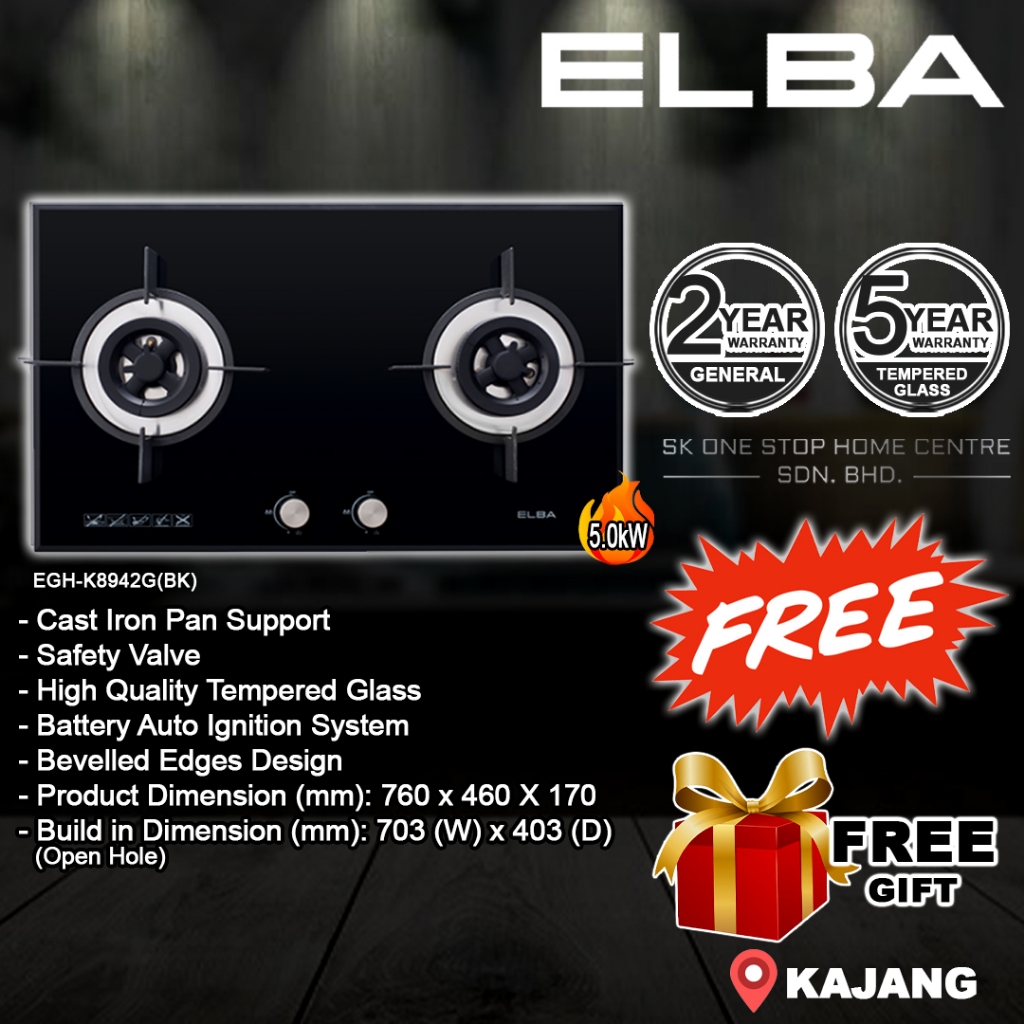 Elba EGH-K8942G(BK) 5.0kW 2 Burner Built In Glass Hob / Gas Stoves / Built in Hob with Safety ...