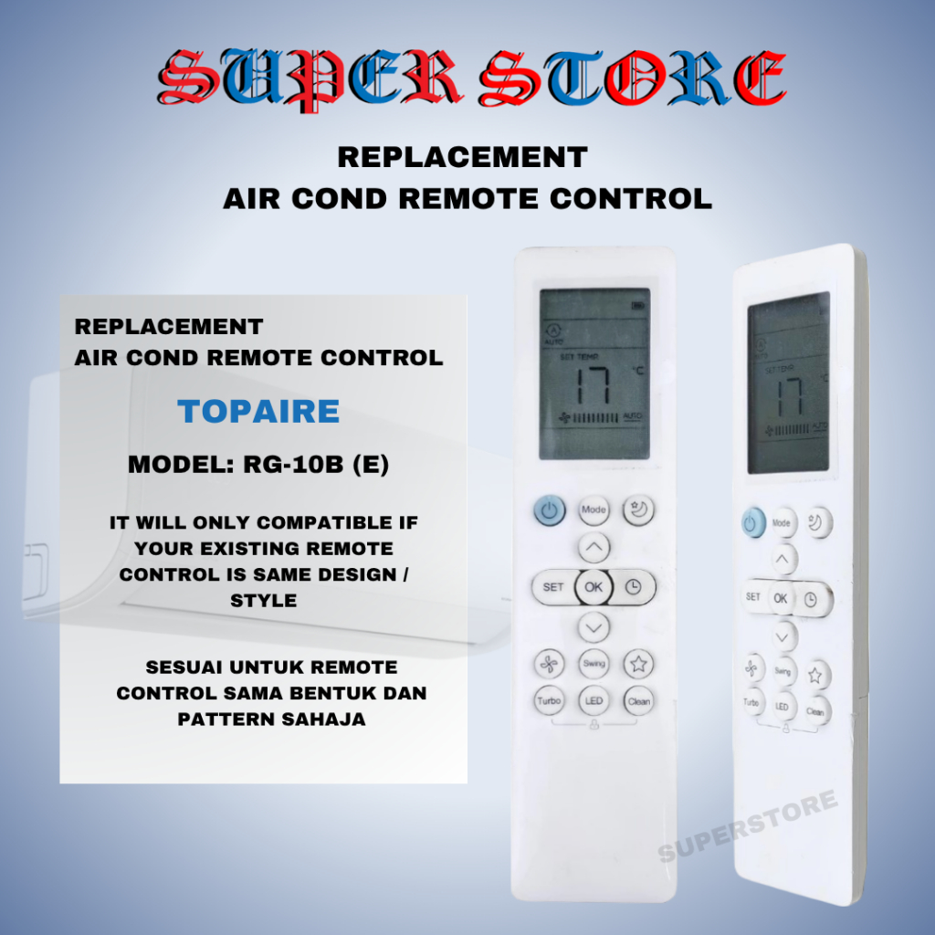 Replacement For Topaire Air Cond Aircond Air Conditioner Remote Control ...