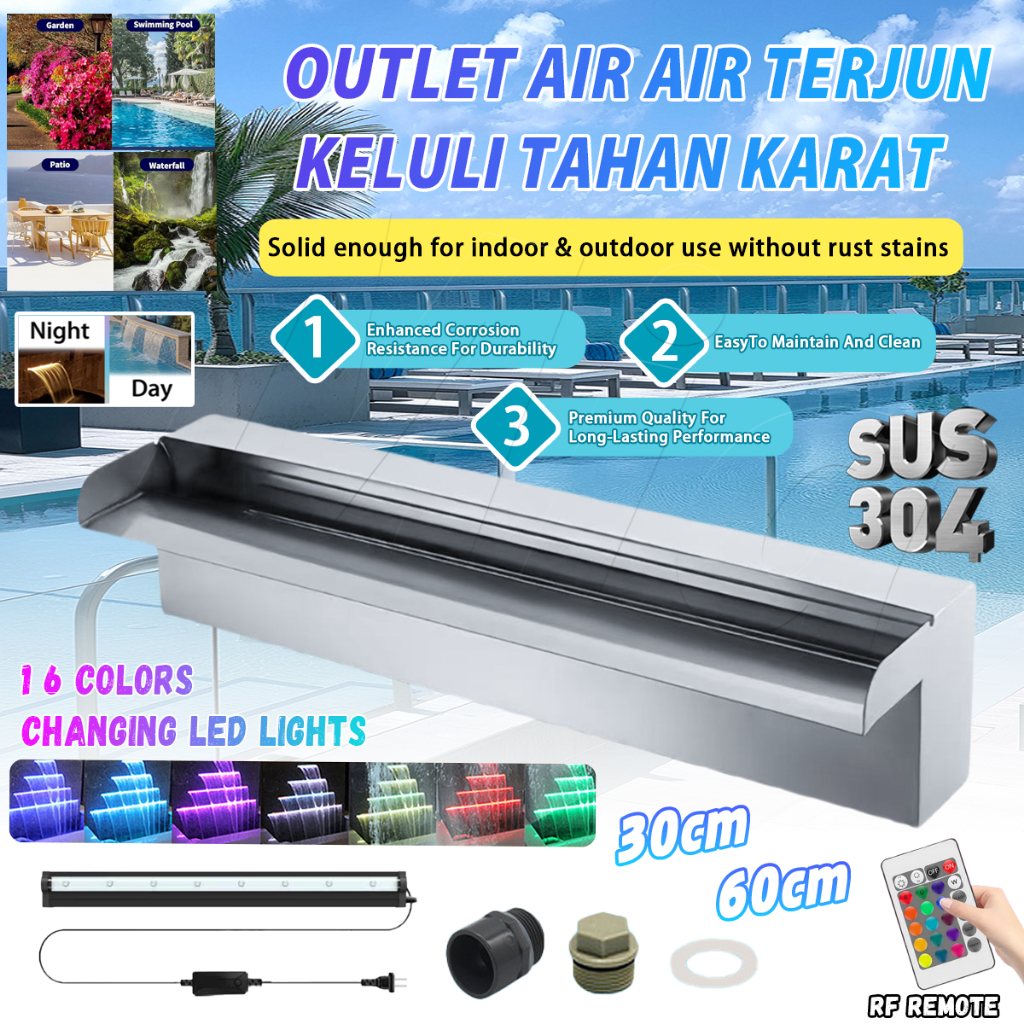 Stainless Steel Waterfall Water Outlet Waterfall Pool Fountain LED ...