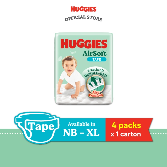 [Bundle of 4] HUGGIES AirSoft Tape NB68/S58/M52/L44/XL38 - Breathable ...