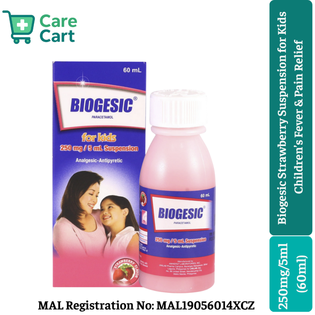 Biogesic Strawberry Suspension 250mg/5ml - Fever & Pain Relief for ...