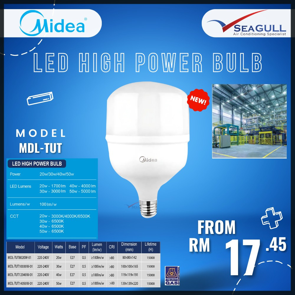 MIDEA LED HIGH POWER LIGHT BULB 20W/30W/40W/50W (2 YEARS WARRANTY ...