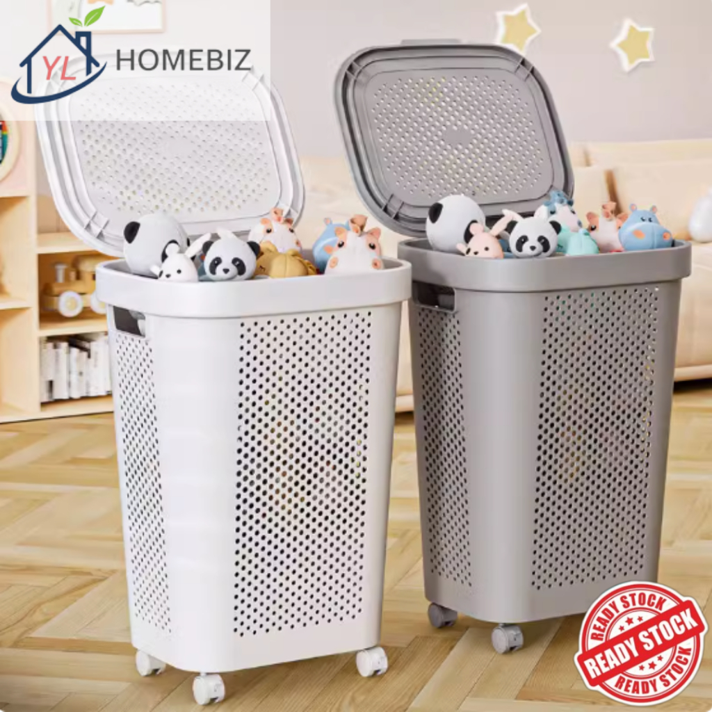 Bakul Dobi Baju Kotor 45L/60L Dengan Roda & Penutup, Mudah Alih, Lipat, Bakul Simpanan Plastik ...