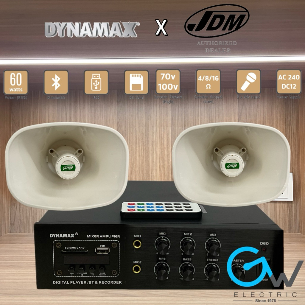 60W DYNAMAX D60 Bluetooth PA Amplifier+ 2 Unit JDM HK-709 Horn Speakers ...