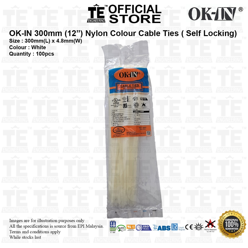 100pcs of OK-IN 8" ( 4.8mm x 200mm ) Nylon White Colour Cable Ties ...
