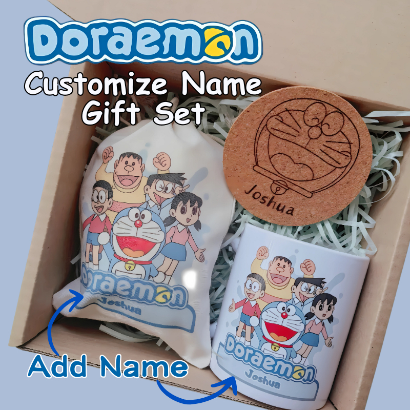 DORAEMON Customize Name Gift Box Set Hadiah Mug Pouch Coaster Custom ...