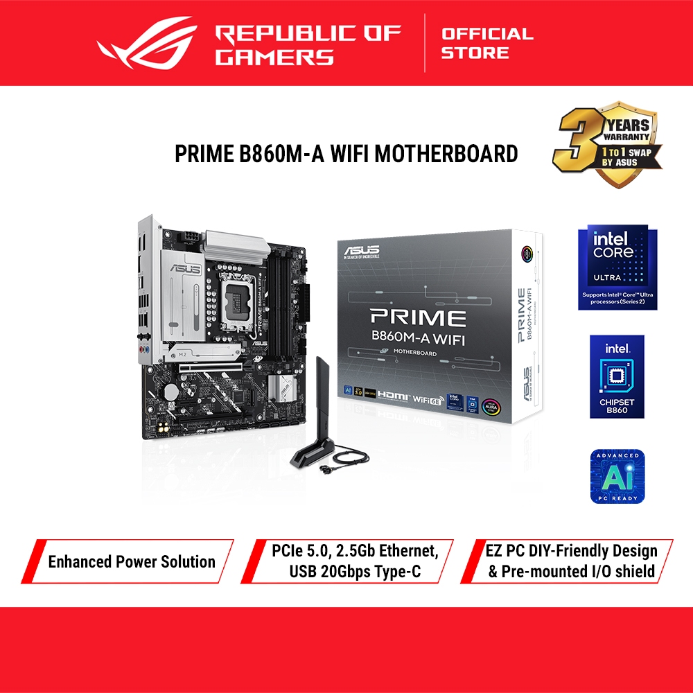 ASUS PRIME B860M-A WIFI Intel® mATX motherboard, 7+1+1+1 80A DrMOS ...