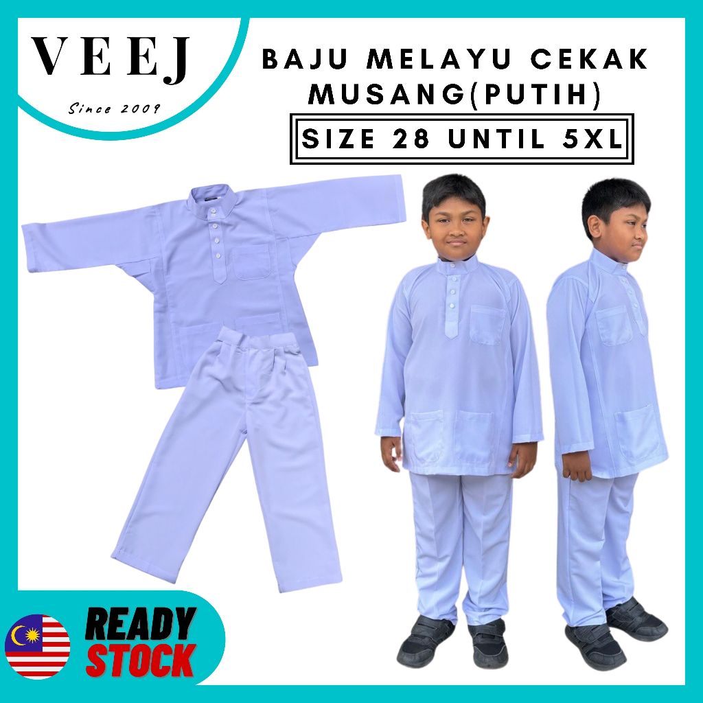 BAJU MELAYU CEKAK MUSANG PUTIH LICIN (SEPASANG) SEKOLAH AGAMA KAFA KAIN ...
