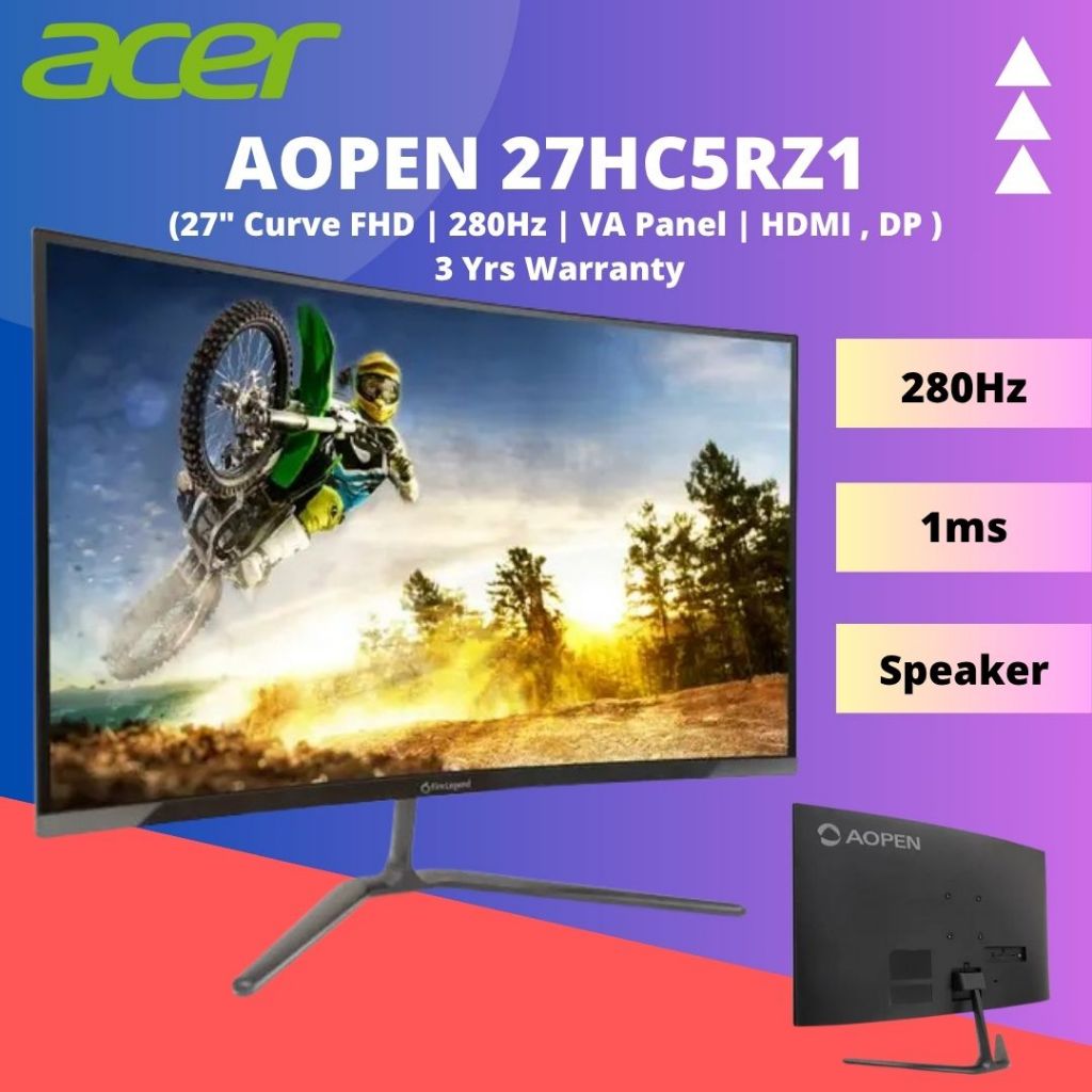 Acer AOPEN 27HC5RZ1 Curved Gaming Monitor - 27" FHD/1ms/280Hz/VA/HDMI ...