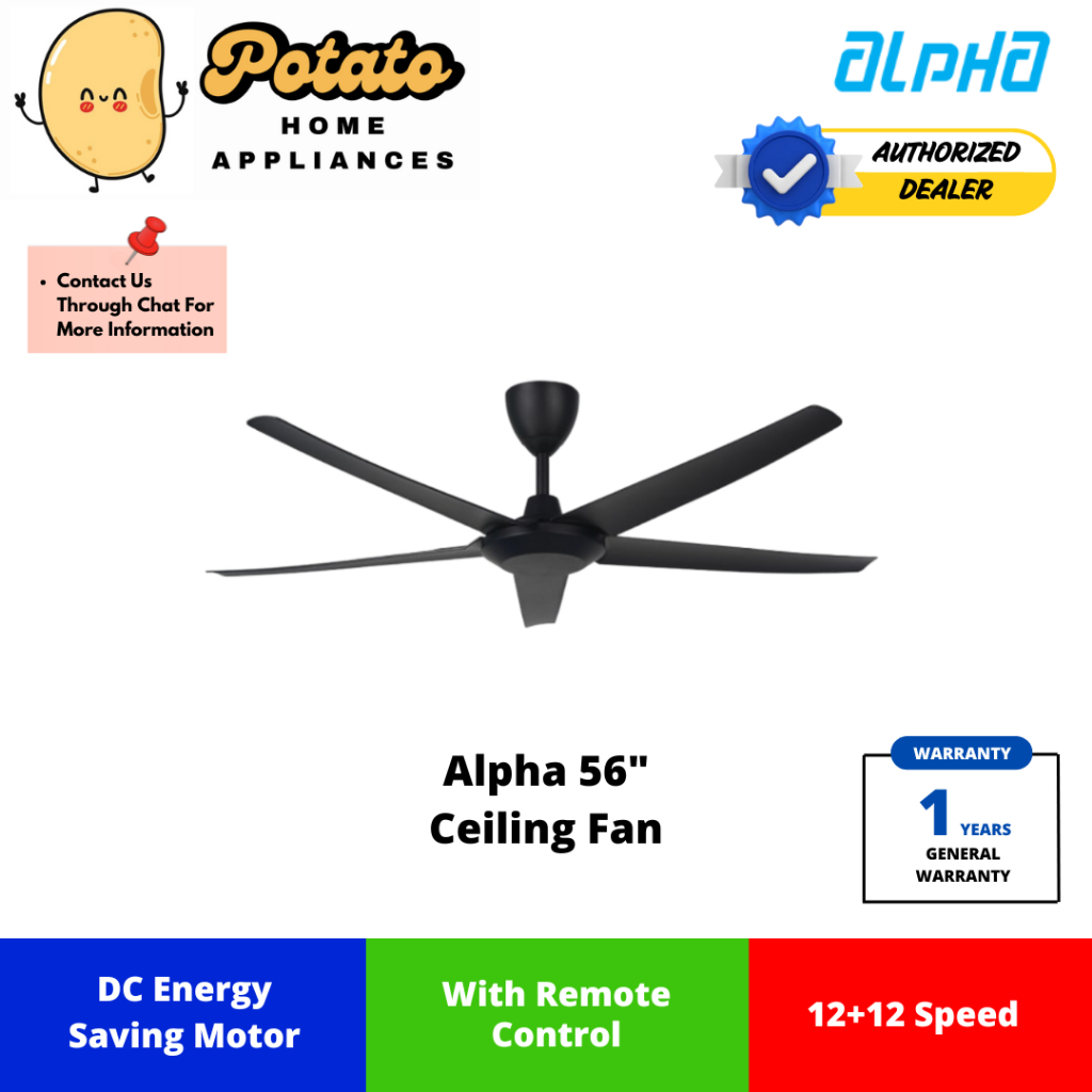 Alpha 56" Ceiling Fan | 45W | DC Motor | 12 + 12 Speed | With Remote ...