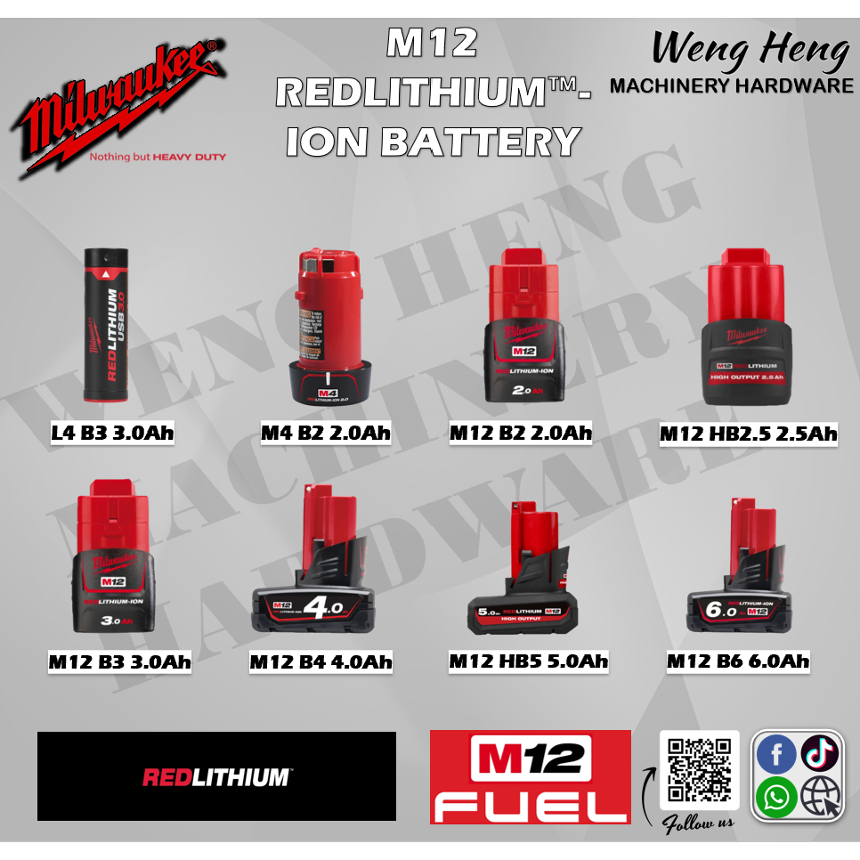 Milwaukee M12 Battery 3.0Ah / 4.0Ah / 6.0Ah Red-Lithium™-Ion Battery ...