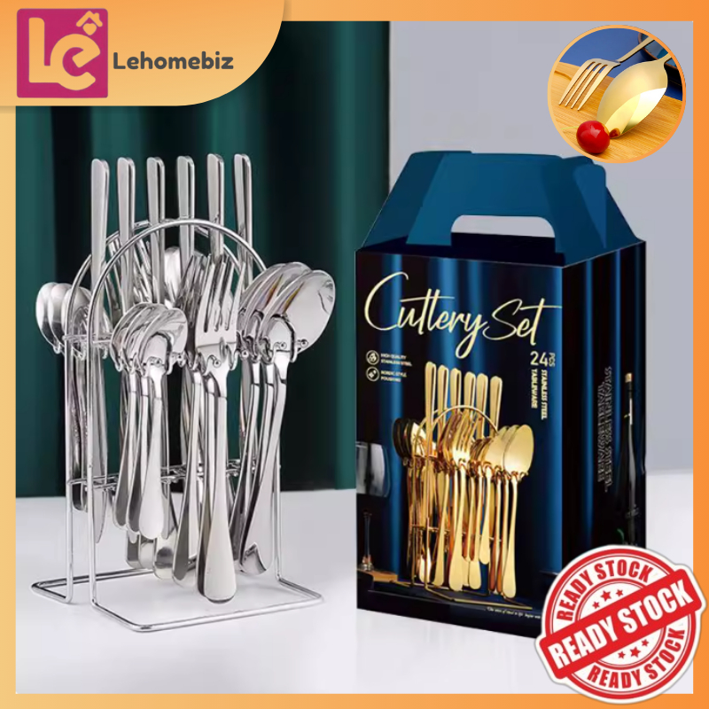 24-Piece Stainless Steel Cutlery Set with Stand | Set Alat Makan Keluli ...