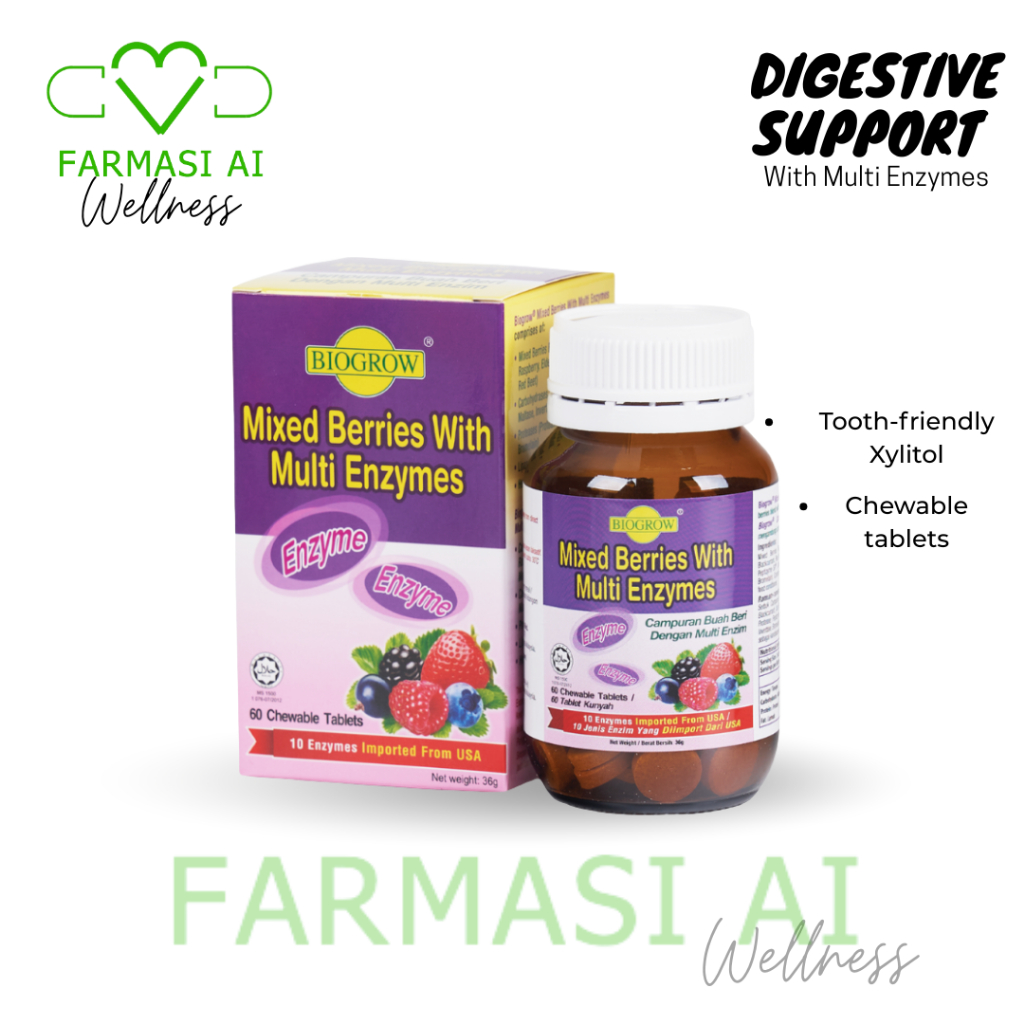 Biogrow Mixed Berries with Multi Enzymes 60 Chewable Tablets (Exp: 12/ ...