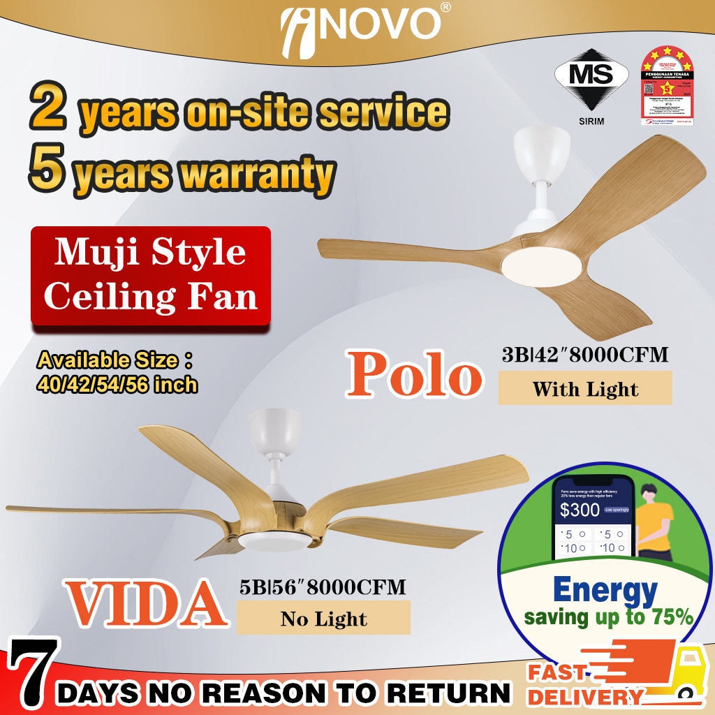 INOVO DC Motor Silent Ceiling Fans Muji Style Pine Blades Fan with ...