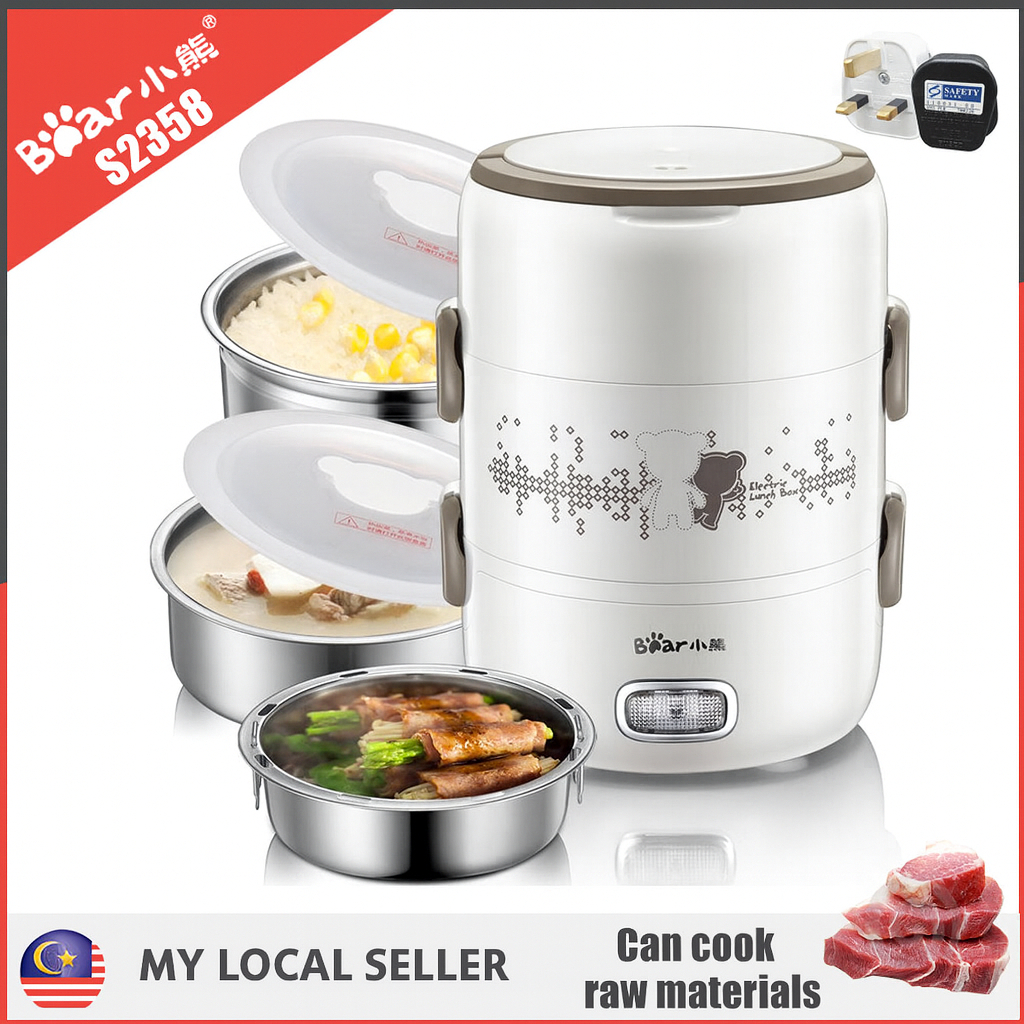 Bear DFH-S2358 Electric Lunch Box | 2L | 3 Stainless Steel Bowls | 270W ...