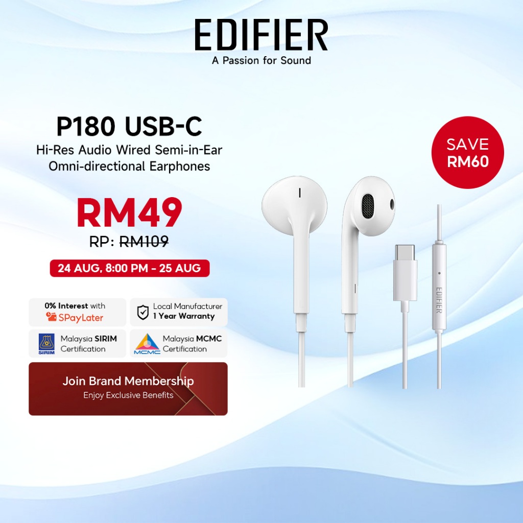 Edifier P180 USB-C Hi-Res USB-C Wired Earphones With Connect Customization App | Shopee Malaysia