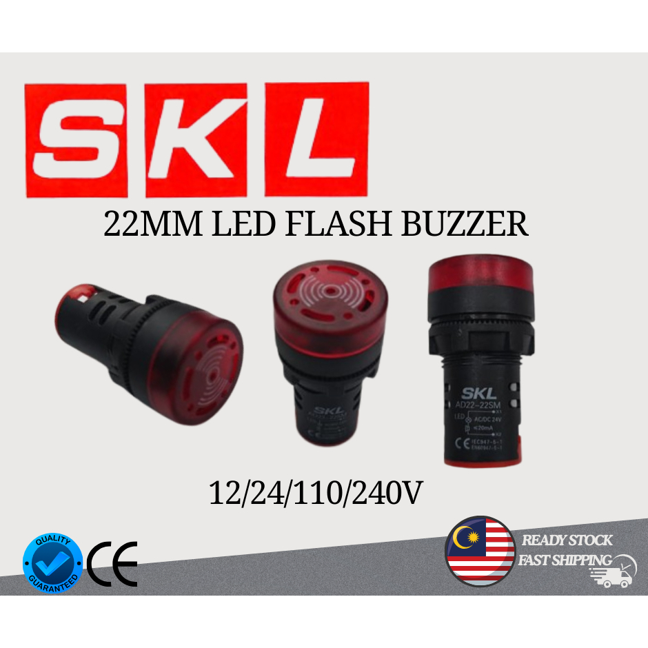 SKL AD22-22SM I 22mm Led Alarm Pilot Light/Pilot Lamp with Buzzer (12V, 24V, 110V, 240V ...